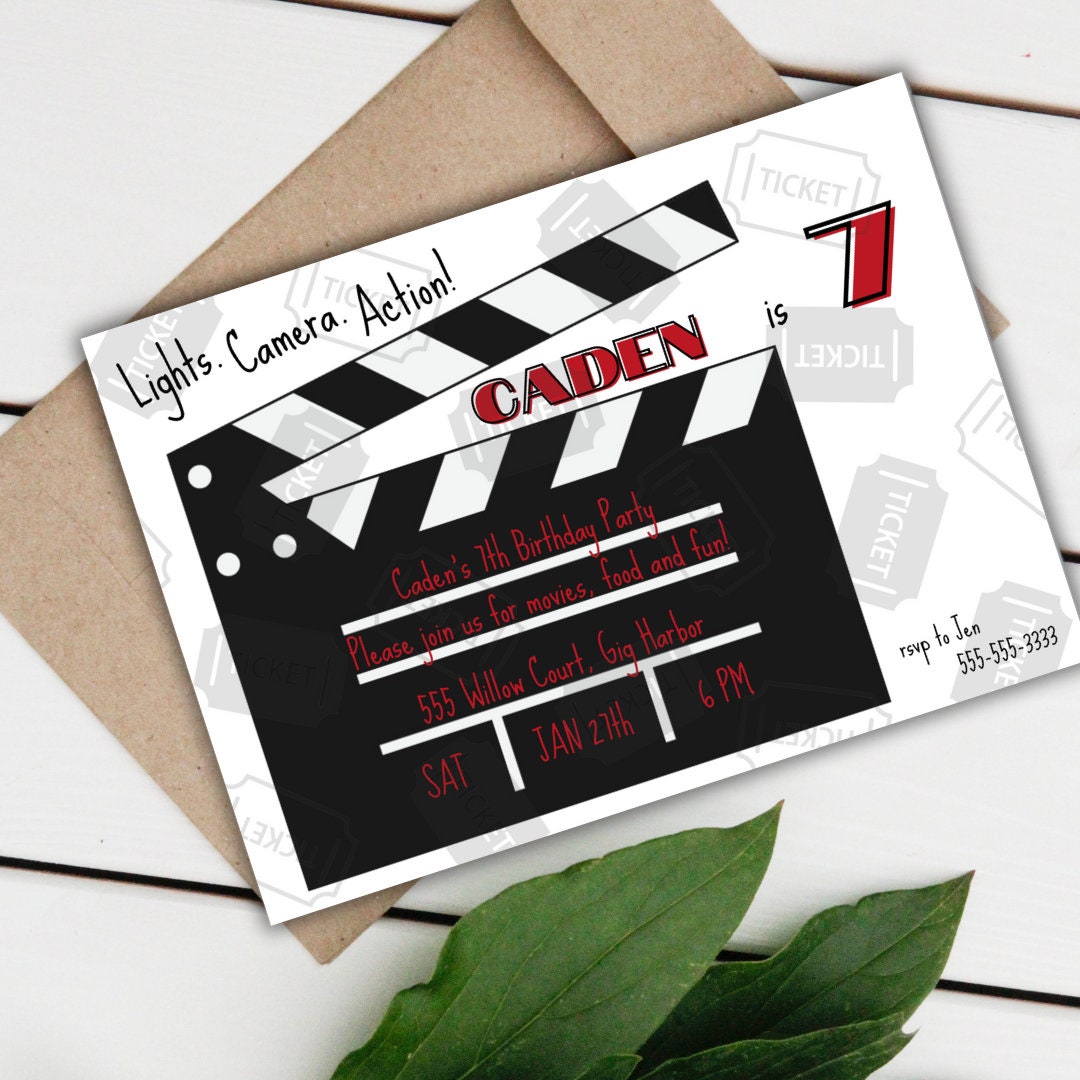 Movie Clapper Birthday Invitation | Tickets Lights Camera Action ...
