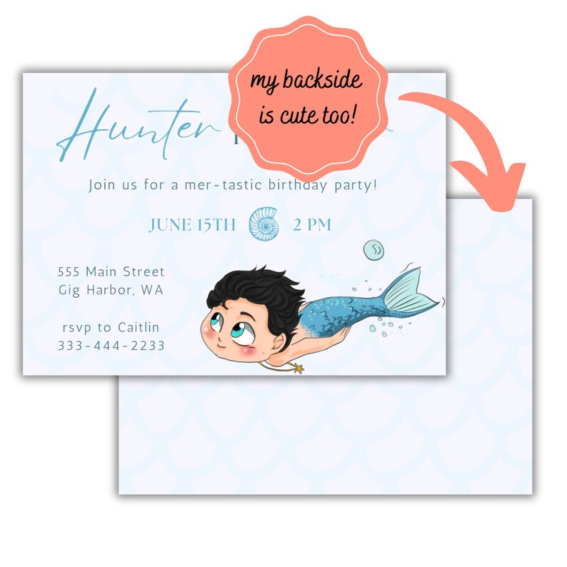 Merman Mermaid Under the Sea Birthday Editable Invitation | Ocean 7x5 ...