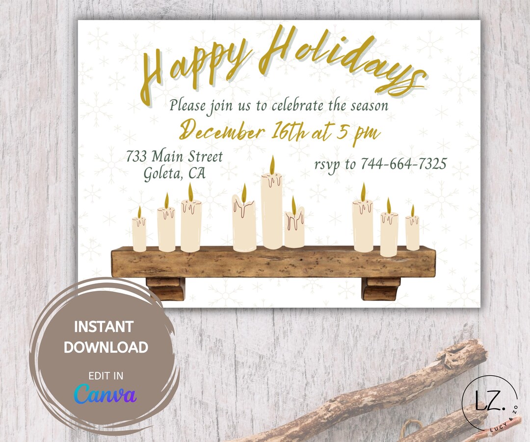 Classic Holiday Party Invitation | Candle Mantlepiece | 7x5 Download ...