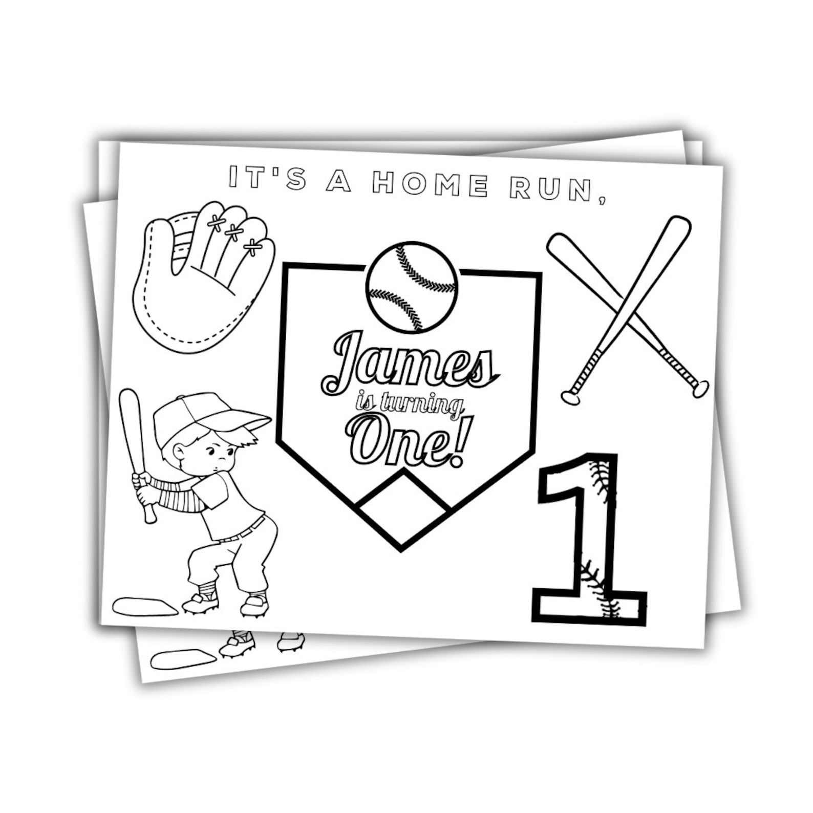 Editable Coloring Page | Home Run Baseball First Birthday | Sports 8x10 ...