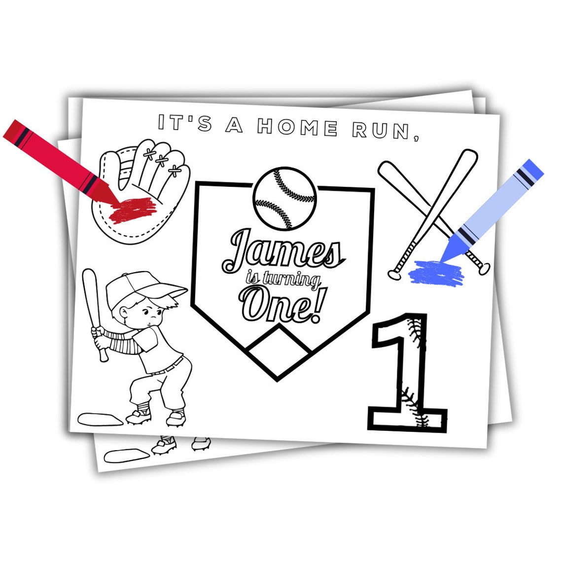 Editable Coloring Page | Home Run Baseball First Birthday | Sports 8x10 ...