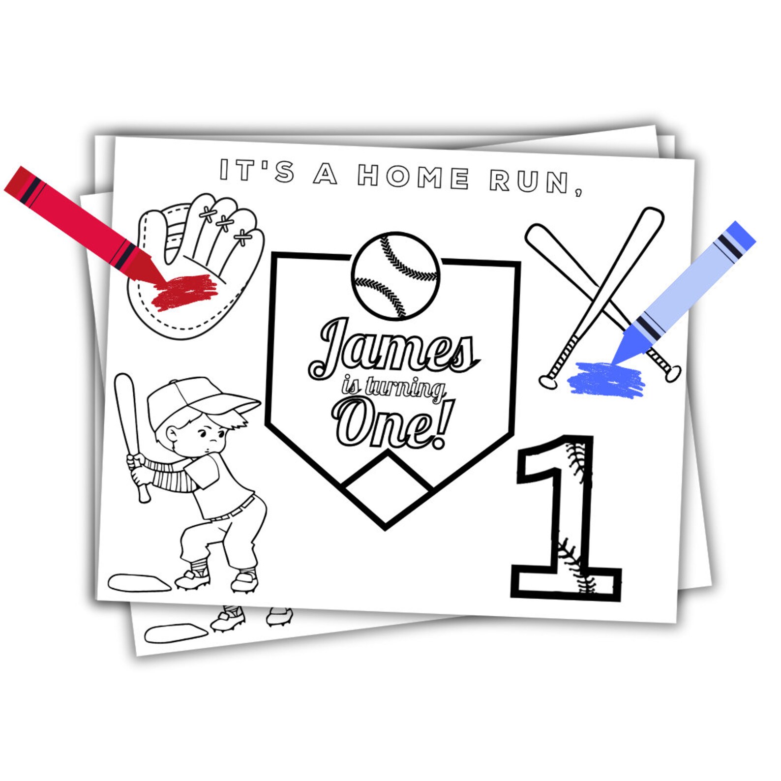 Editable Coloring Page | Home Run Baseball First Birthday | Sports 8x10 ...