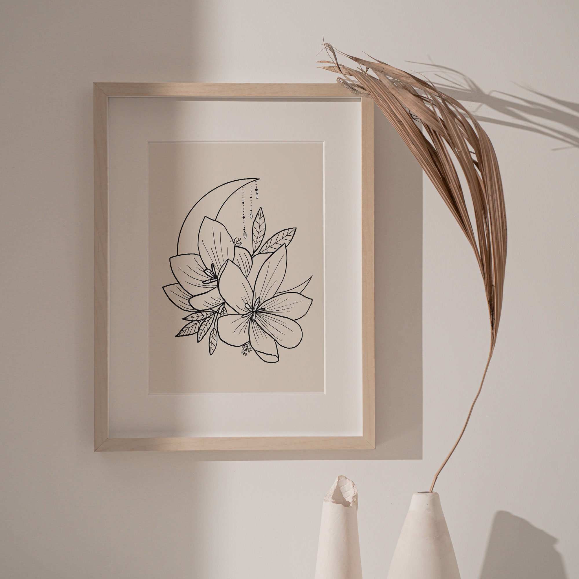 Minimalist Flower Moon Wall Art, Abstract Line Art, Line Drawing ...