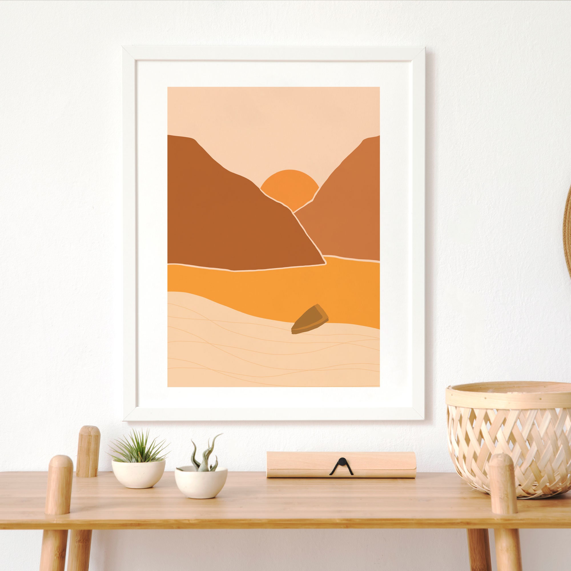 Boho Sunset Beach Burnt Wall Decor, Abstract Landscape Wall Art, Mid ...