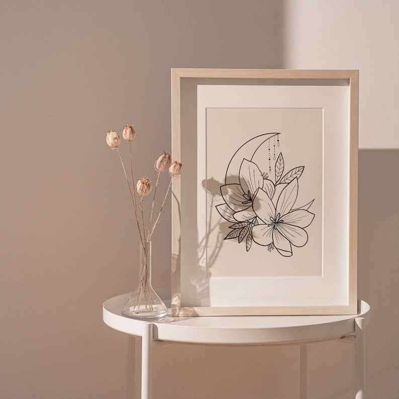 Minimalist Flower Moon Wall Art, Abstract Line Art, Line Drawing ...