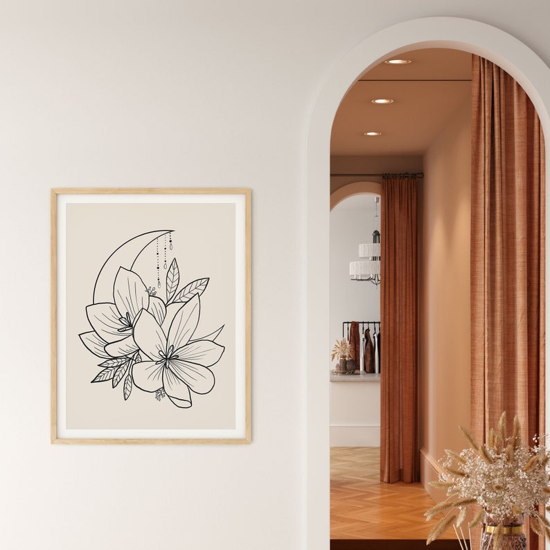 Minimalist Flower Moon Wall Art, Abstract Line Art, Line Drawing ...