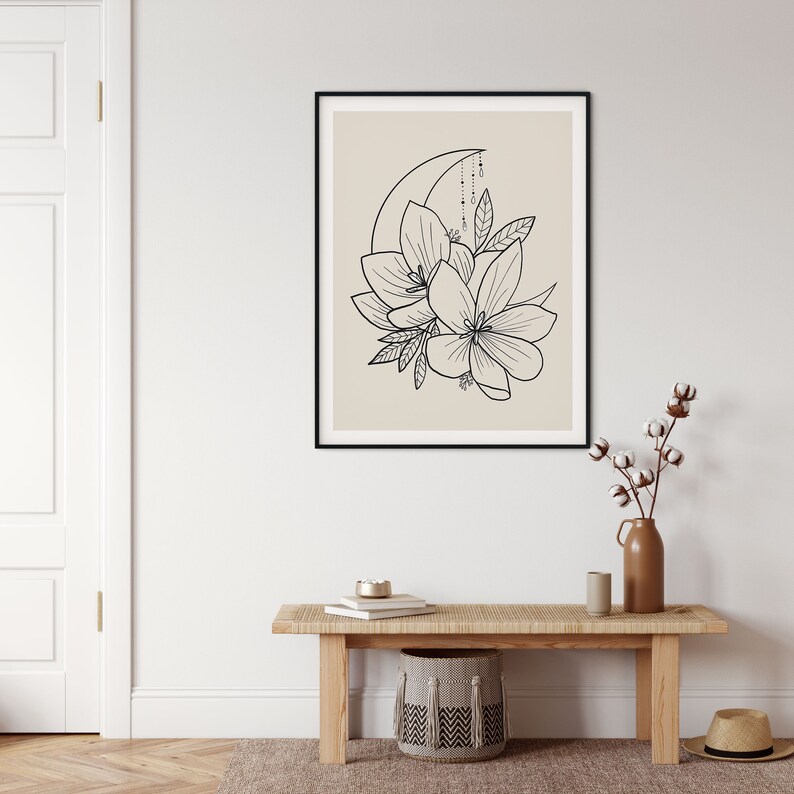 Minimalist Flower Moon Wall Art, Abstract Line Art, Line Drawing ...