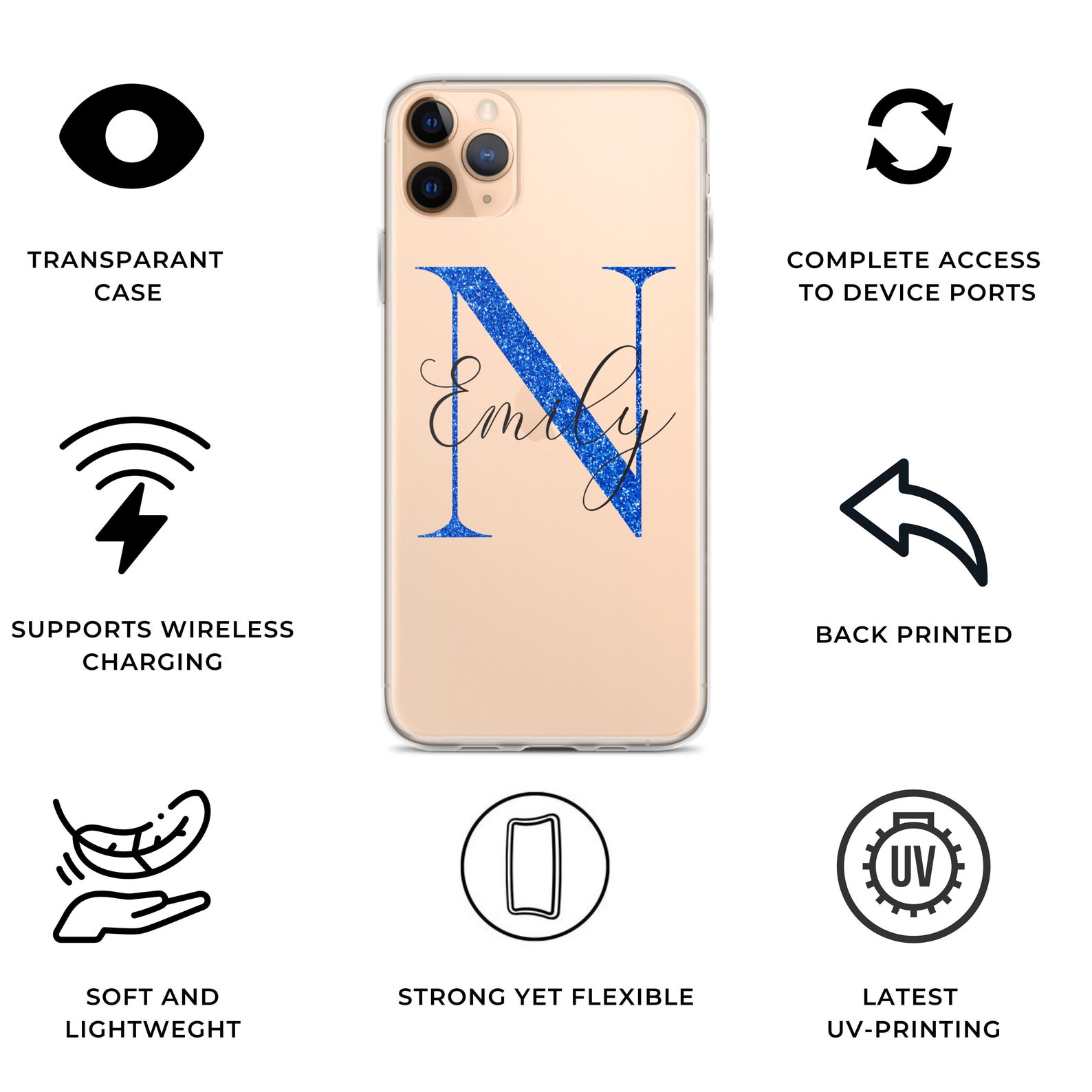 Personalized Glitter Custom Name Initial Phone Case Black White Custom ...