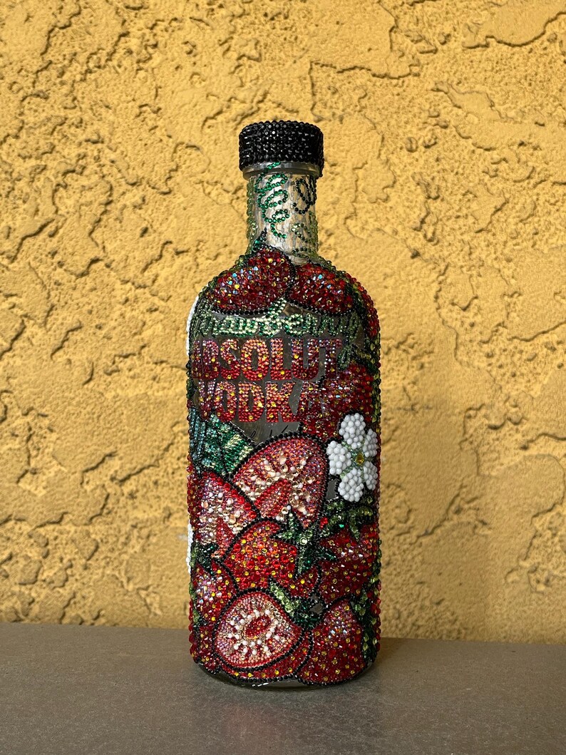 Handmade Rhinestone Absolut Vodka Bottle – Strawberry-themed Bling ...