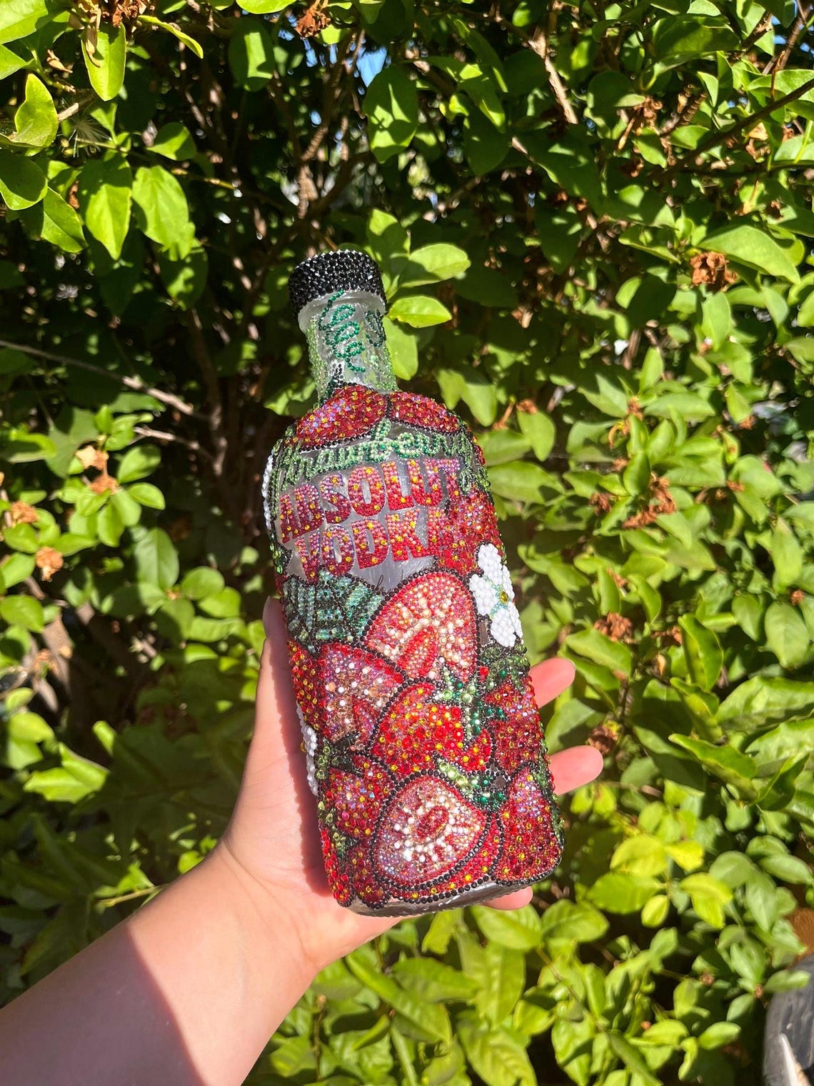 Handmade Rhinestone Absolut Vodka Bottle – Strawberry-themed Bling ...