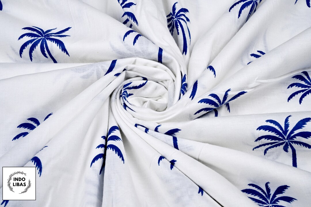 Blue Hand Block Palm Tree Print Cotton Fabric Womens Clothing White or ...