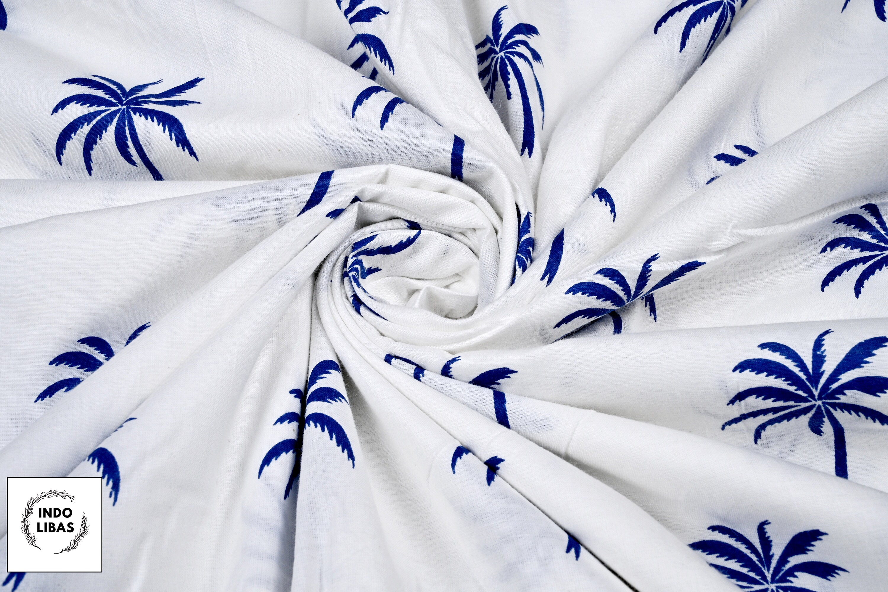 Hand Block Palm Tree Print Fabric - Blue and White - Beach Summer ...
