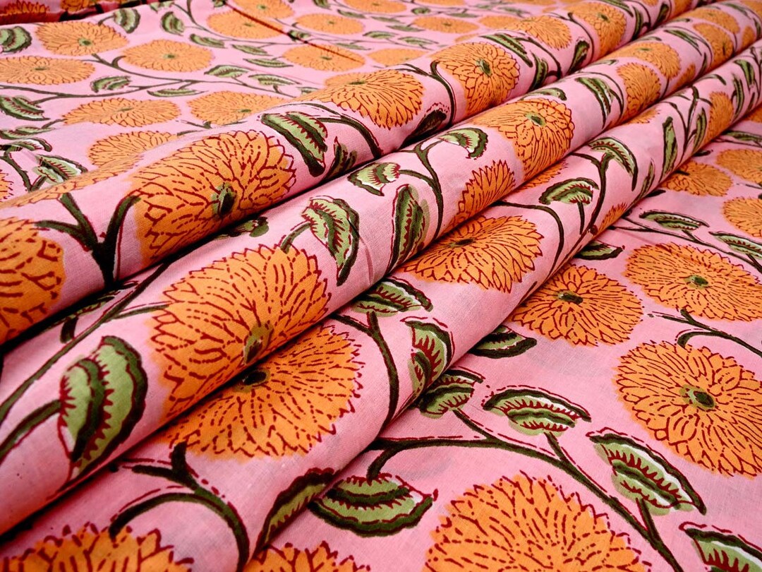 Marigold Floral Hand Block Print Cotton Fabric: Home Decor & Clothing ...