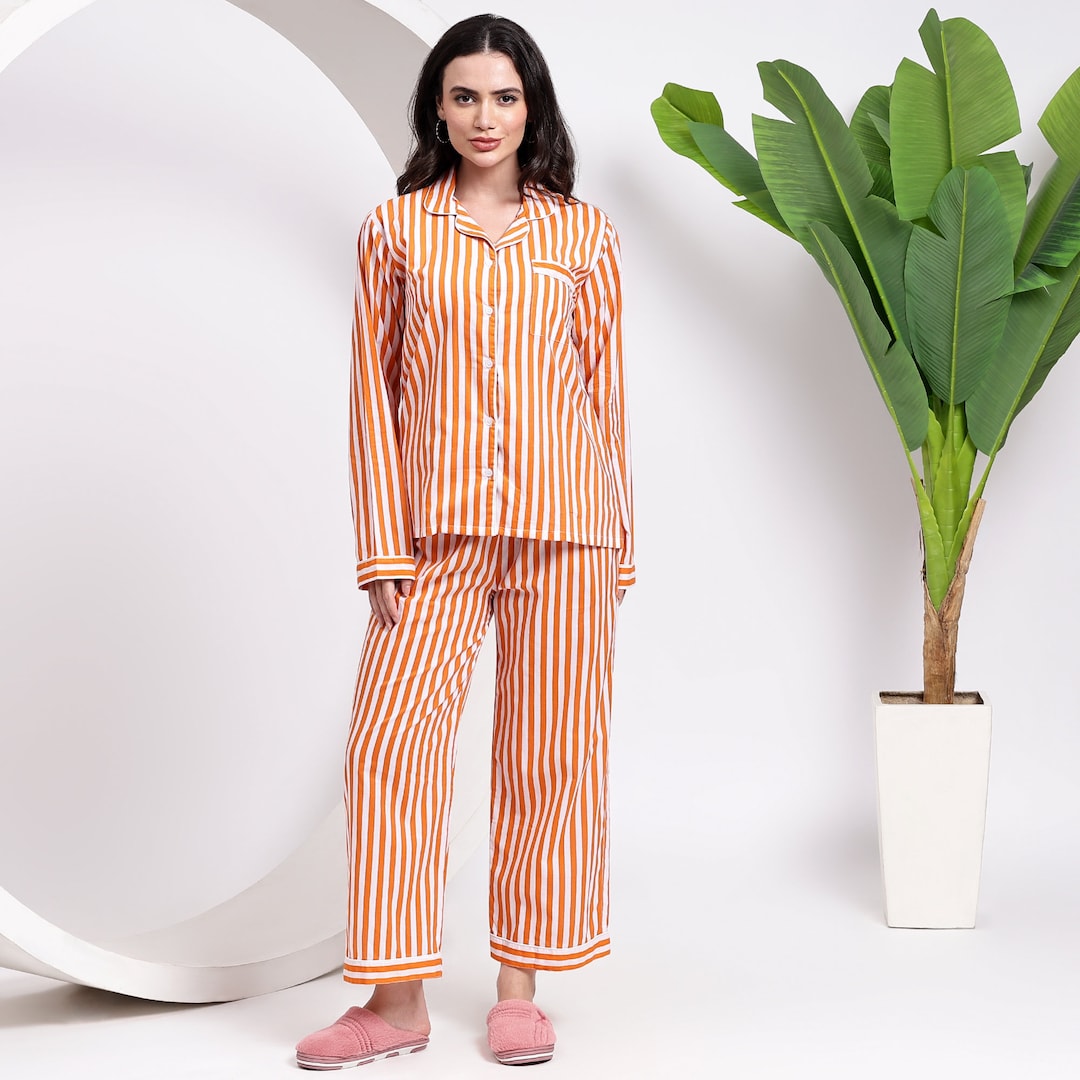 Orange Striped, Cotton Pj Set, Lounge Wear, Women Night Dress, Unique ...