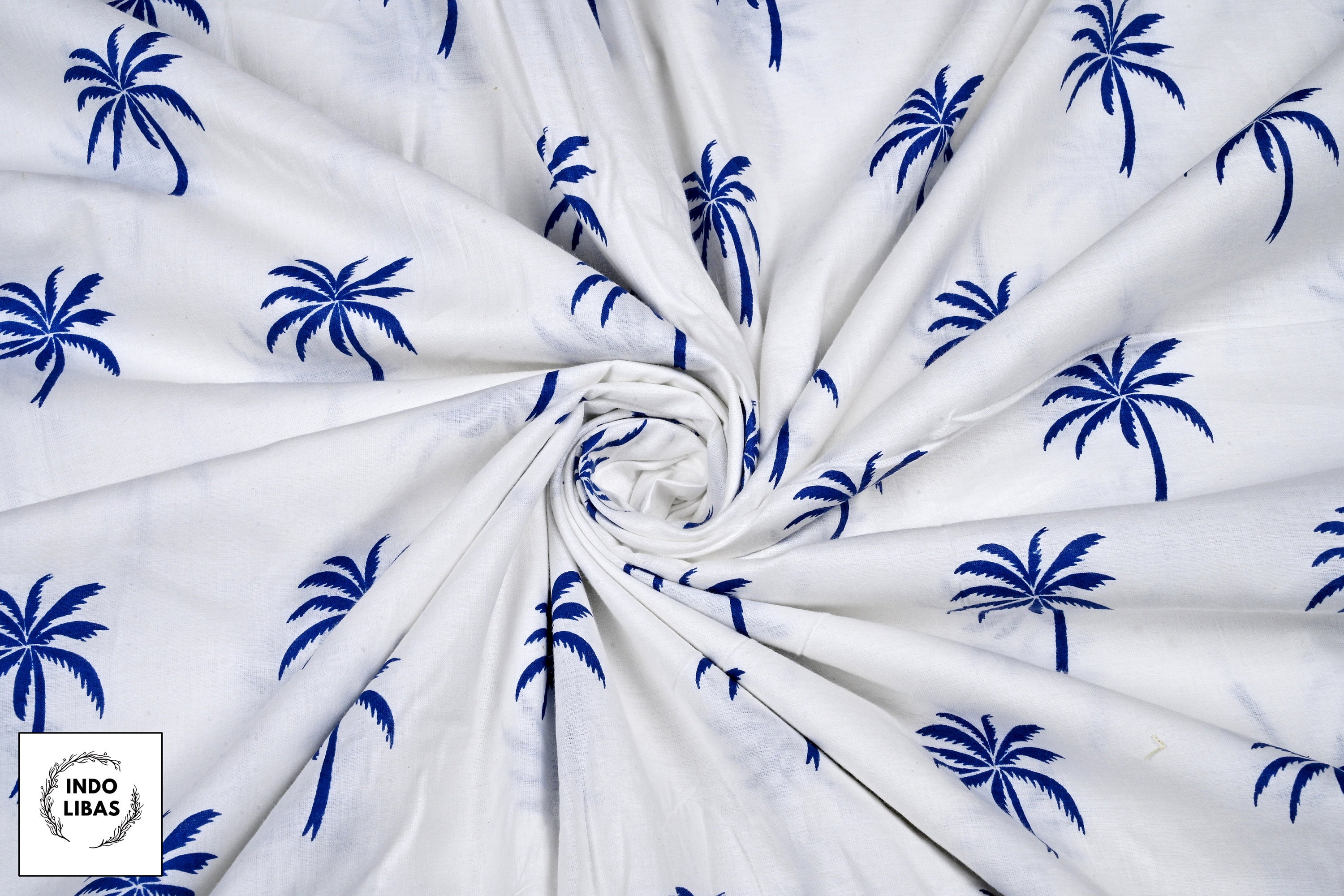 Hand Block Palm Tree Print Fabric - Blue and White - Beach Summer ...