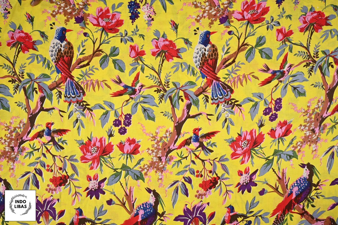 Yellow Textiles: Indian Bird Prints Cotton Fabric by the Yard - Etsy