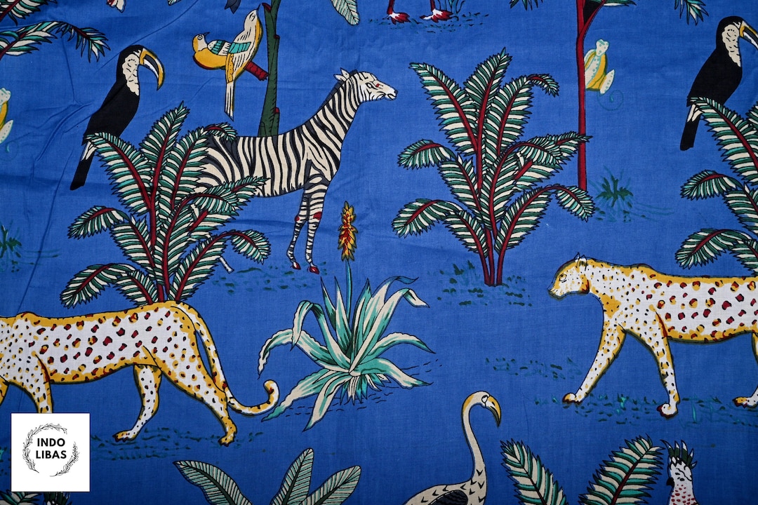 Leopard & Block Print Cotton Fabric by the Yard: Indian Upholstery ...