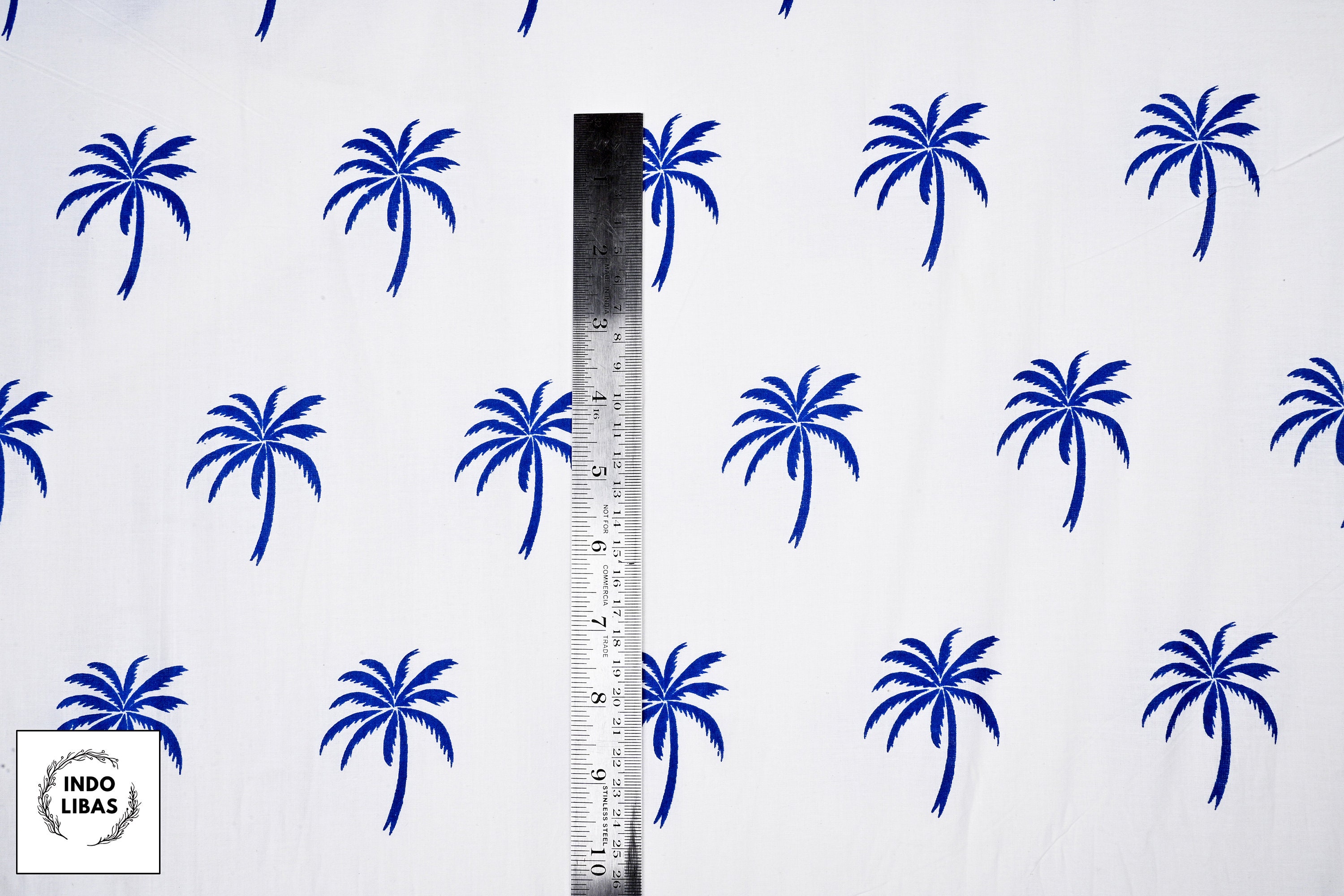 Hand Block Palm Tree Print Fabric - Blue and White - Beach Summer ...