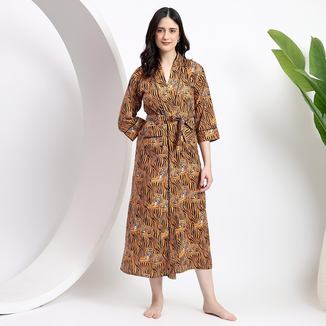 Tiger Print Cotton Kimono Bathrobe & Beach Cover up Beautiful Cotton ...