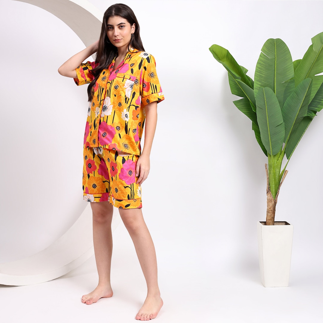 India Print Cotton Pajama Set: Women's Short Pjs With Pockets - Etsy