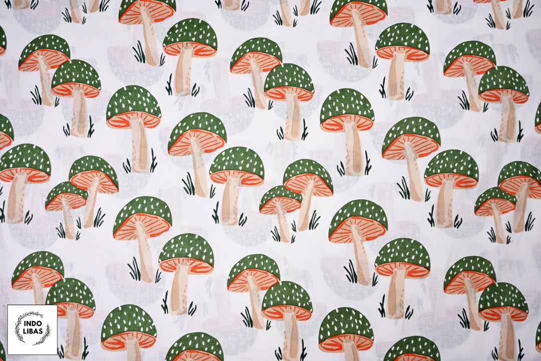 Fungi Green Mushroom Printed Fabric Pattern Cotton Crafting by the Yard ...