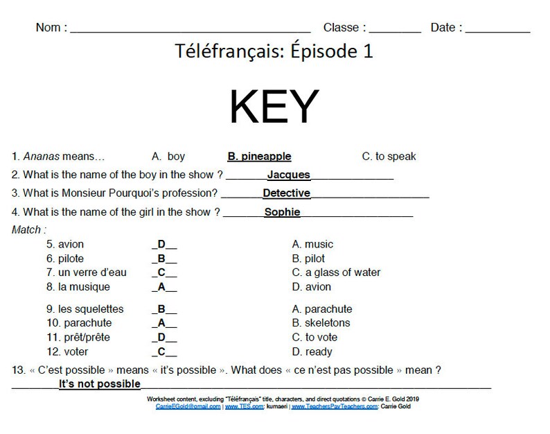 Worksheets for Téléfrançais, Beginning French Video Series (free on ...