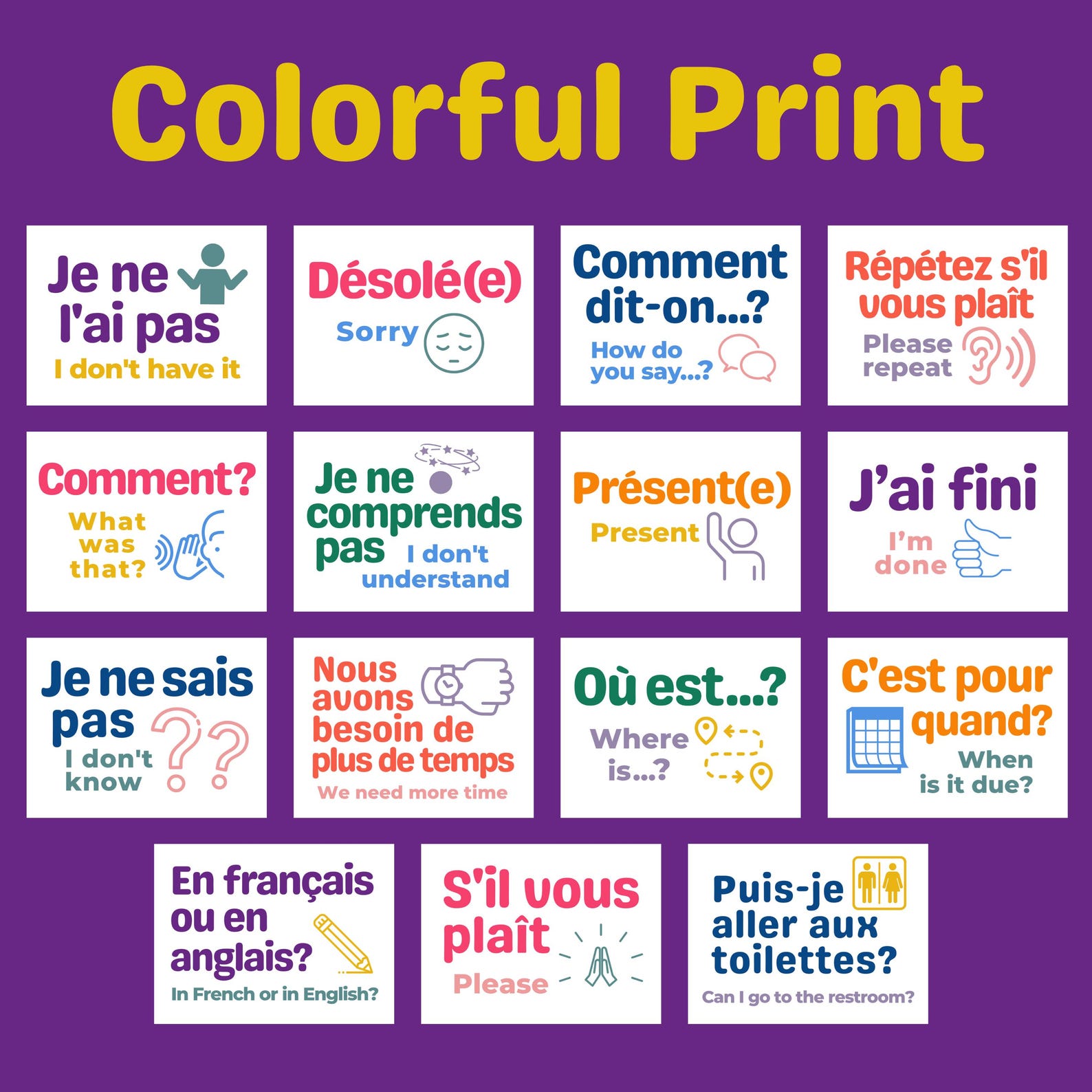 French Classroom Phrases Printable Poster Set ~ Colorful Class Decor ...