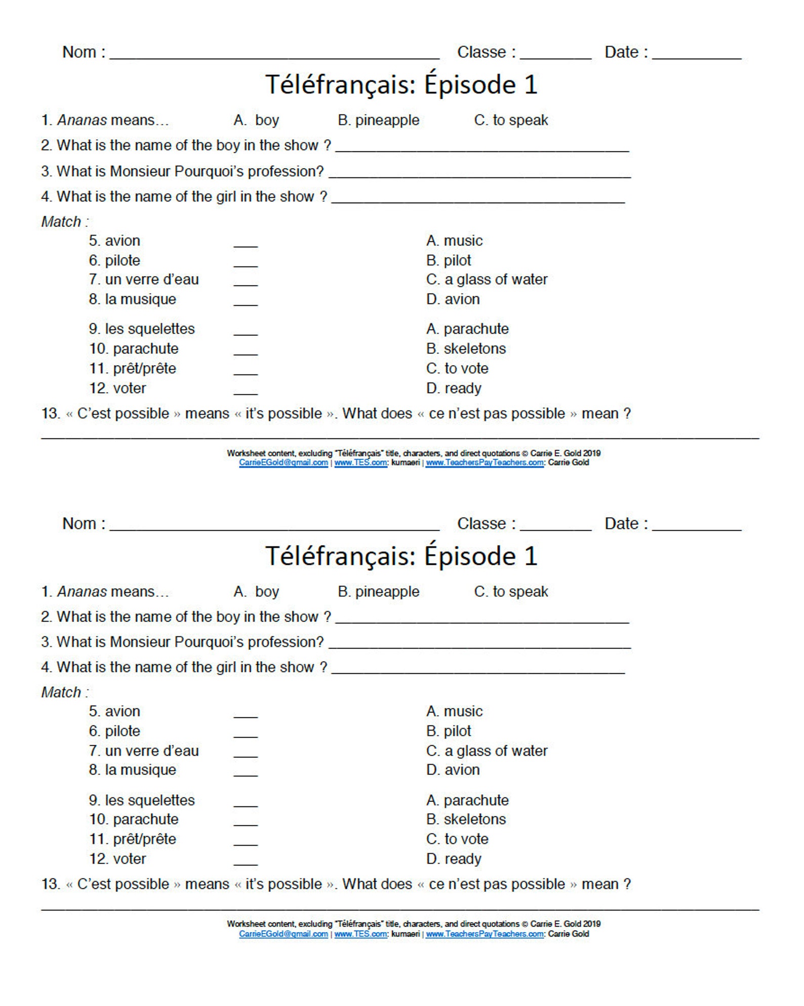 Worksheets for Téléfrançais, Beginning French Video Series (free on ...