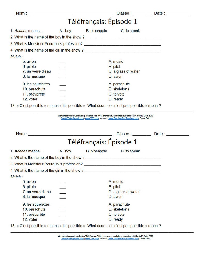 Worksheets for Téléfrançais, Beginning French Video Series (free on ...