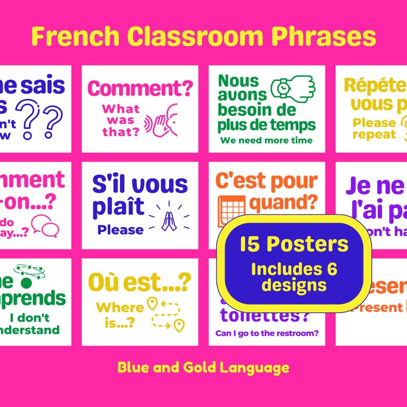 French Downloadable Posters: Classroom Phrases ~ Bright Colorful ...