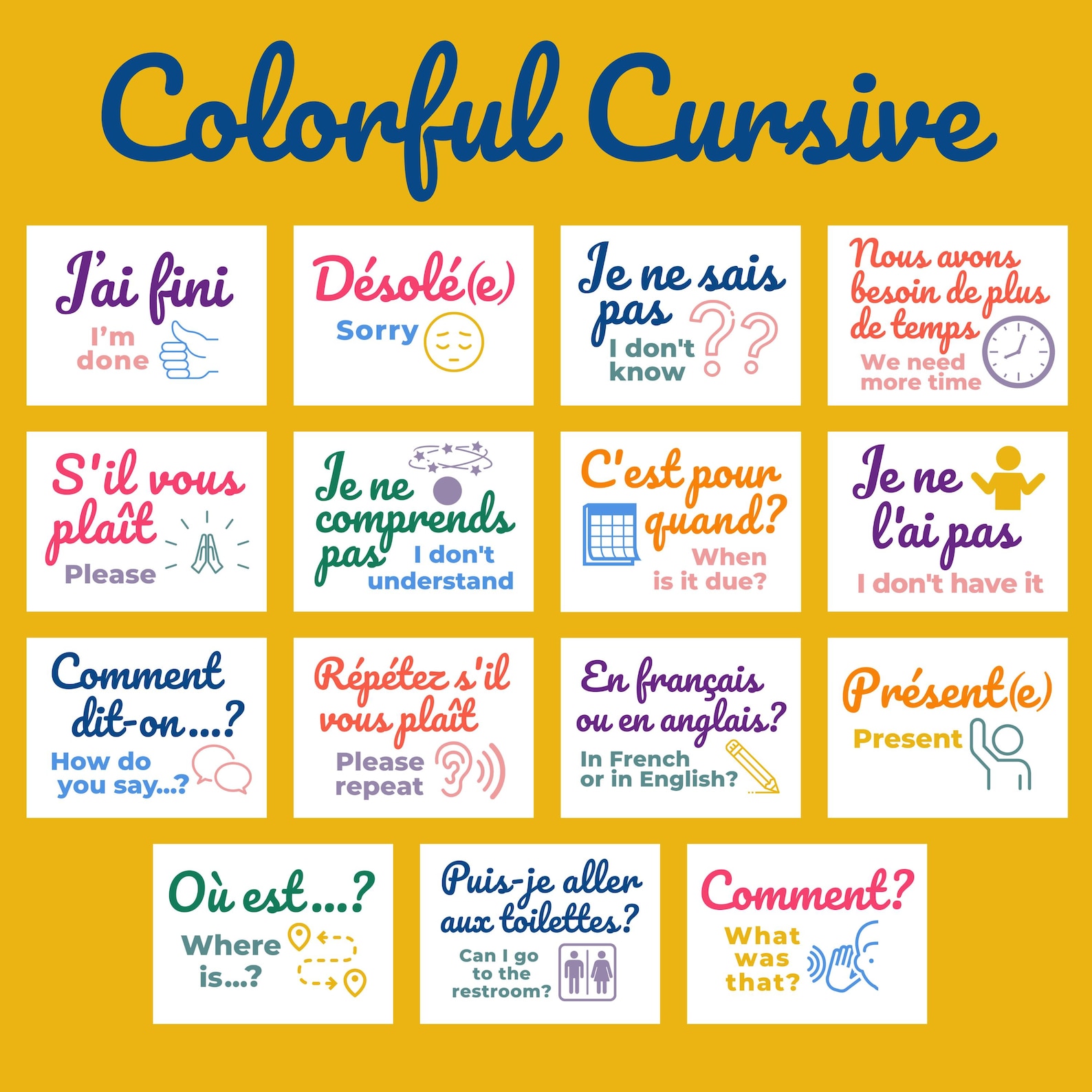 French Classroom Phrases Printable Poster Set Colorful Class Decor ...