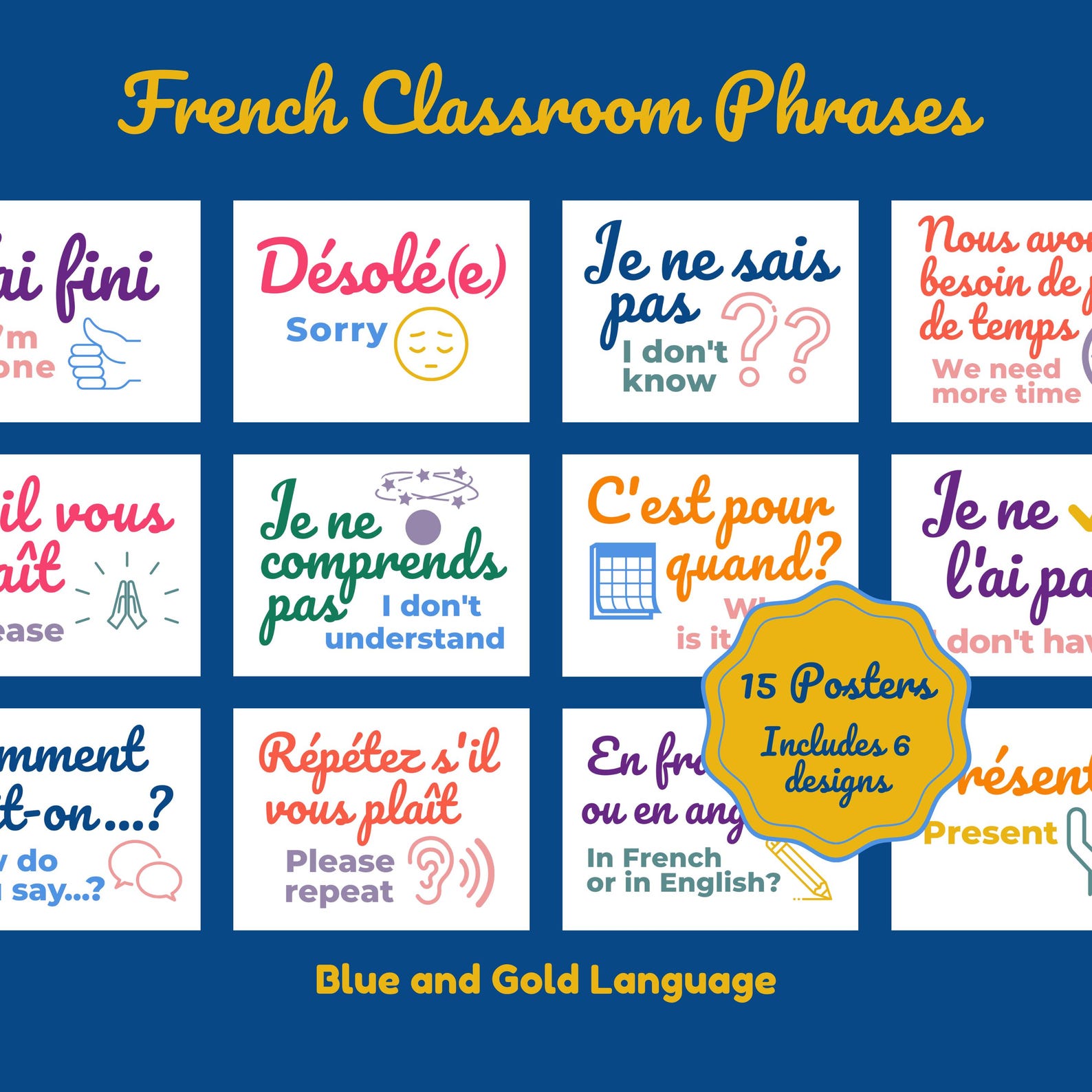 French Classroom Phrases Printable Poster Set Colorful Class Decor ...