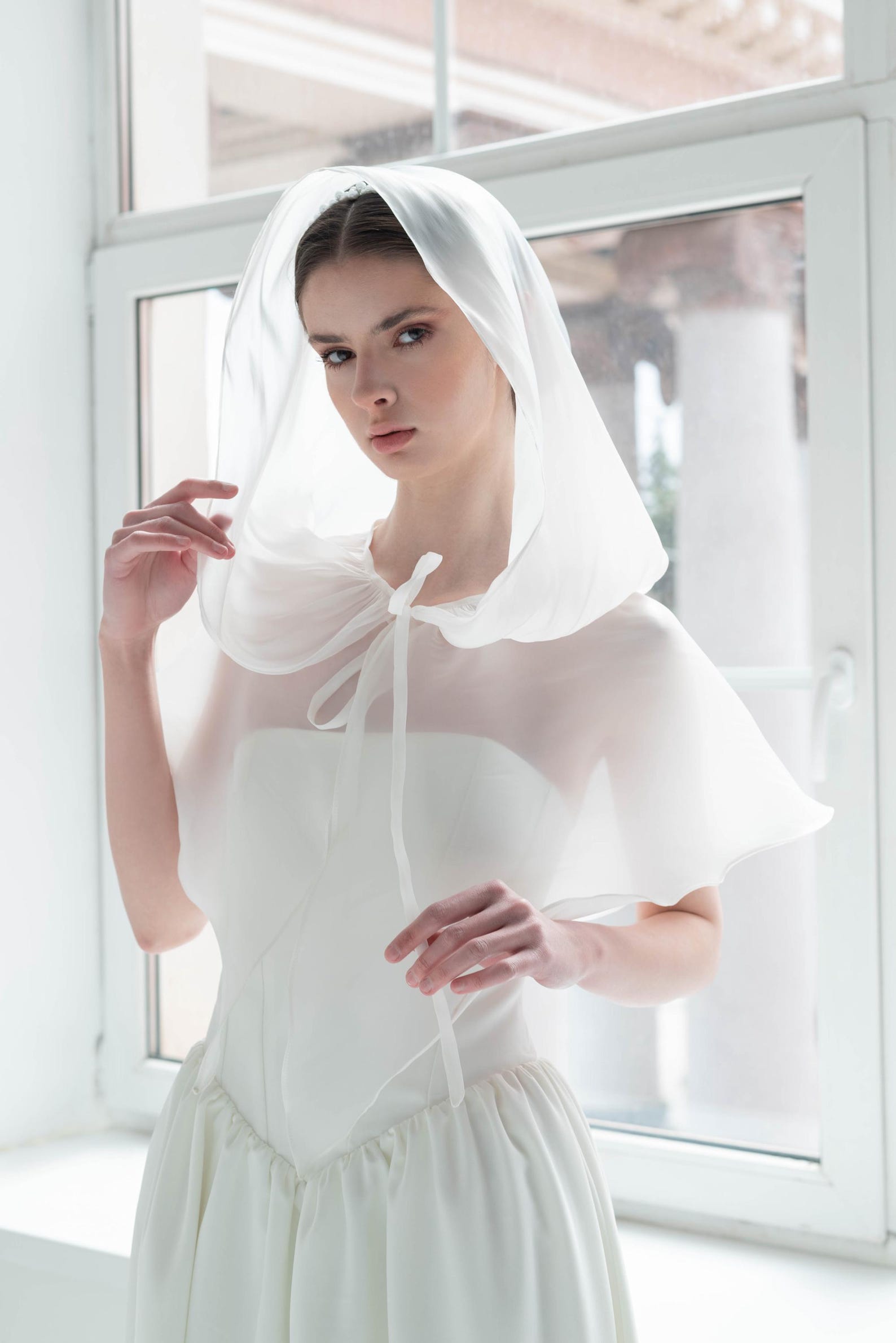 Shiny off White Sheer Fabric Wedding Hooded Capelet Bridal Chapel Viel ...