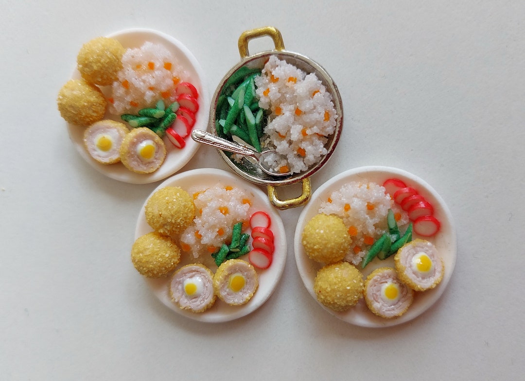 Rice With Meat Croquettes and Vegetables. Dinner for a Doll. Food for a ...