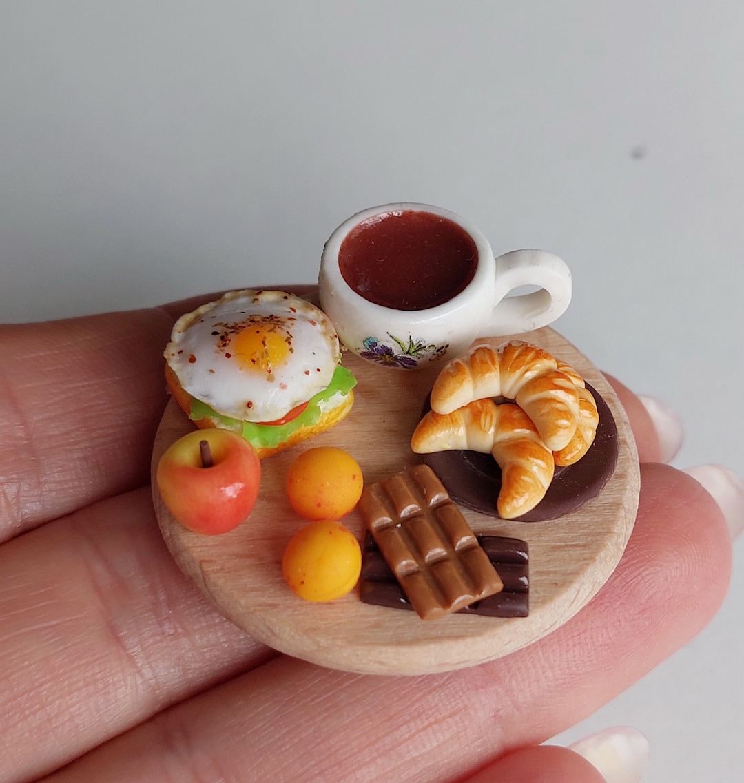 Miniature Food. Breakfast for Doll. Egg, Croissants and Coffee Made of ...