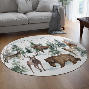 Woodland Animals Rug, Forest Round Rug, Woodland Nursery Decor, Rustic ...
