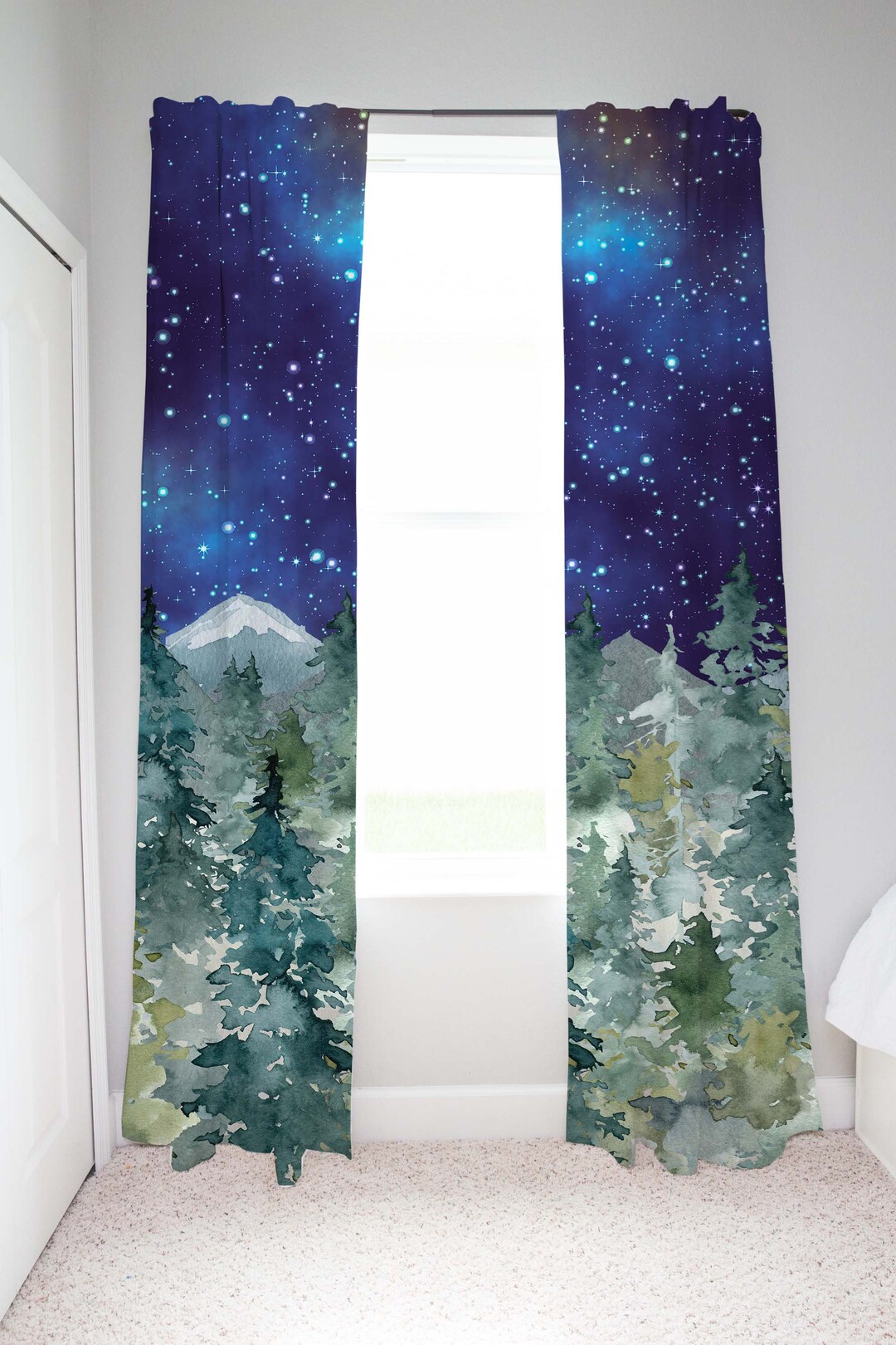 Night Forest Curtain, Pine Tree Curtains, Woodland Curtain, Dark Sky ...