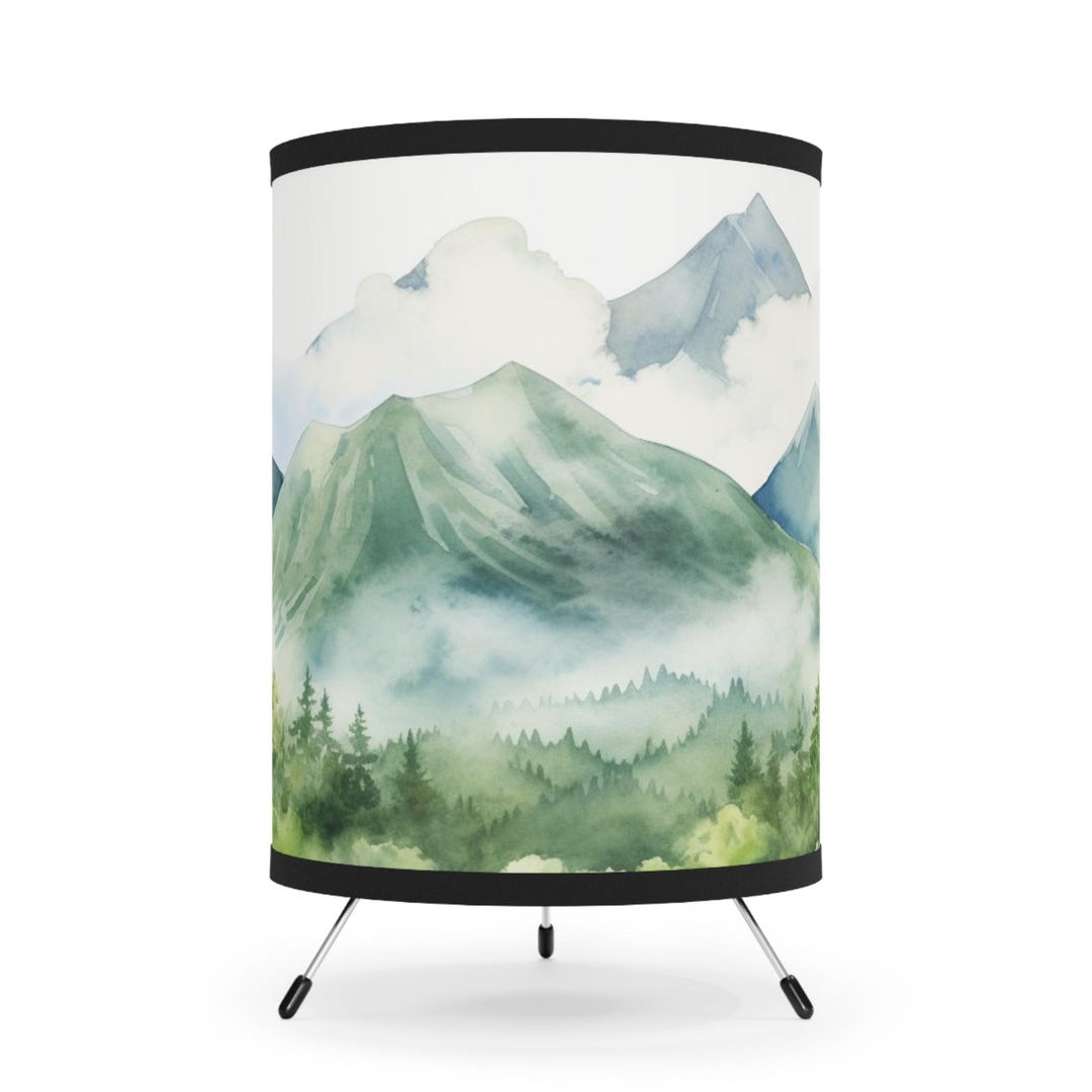 Watercolor Mountain Tripod Lamp, Forest Table Lamp, Foggy Mountains ...