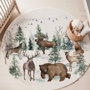 Woodland Animals Rug, Forest Round Rug, Woodland Nursery Decor, Rustic ...