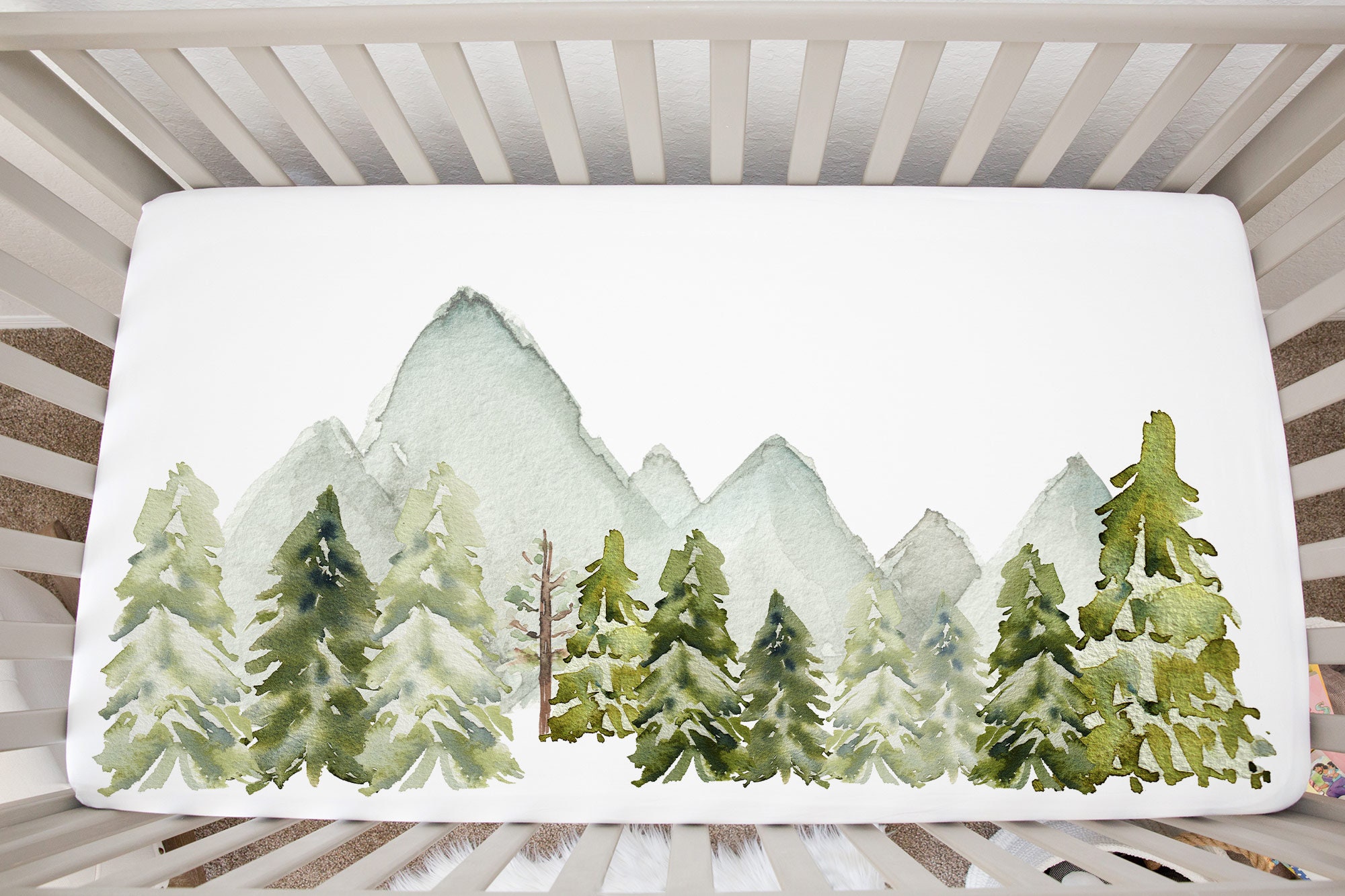 Forest Crib Sheet, Woodland Baby Bedding, Pine Trees and Moutains Crib ...