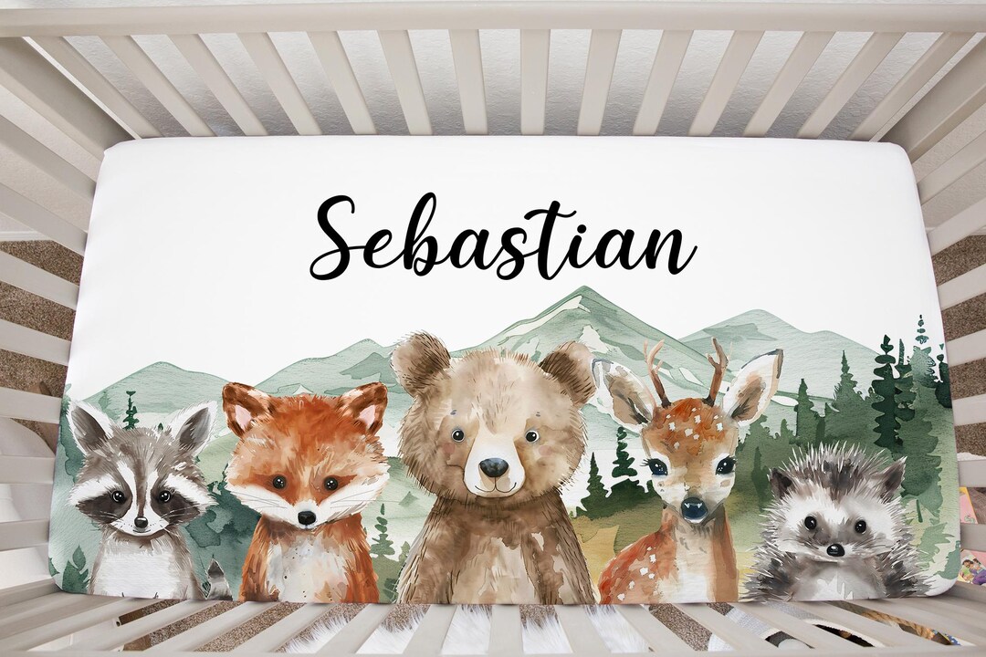 Personalized Woodland Animals Crib Sheet, Forest Nursery Bedding ...