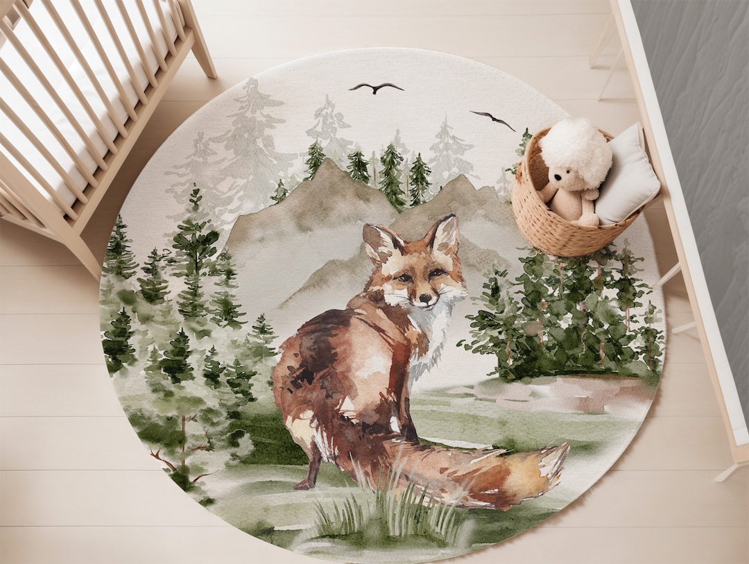Red Fox Rug, Woodland Nursery, Fox Round Rug, Wildlife Rug, Nature Fox ...