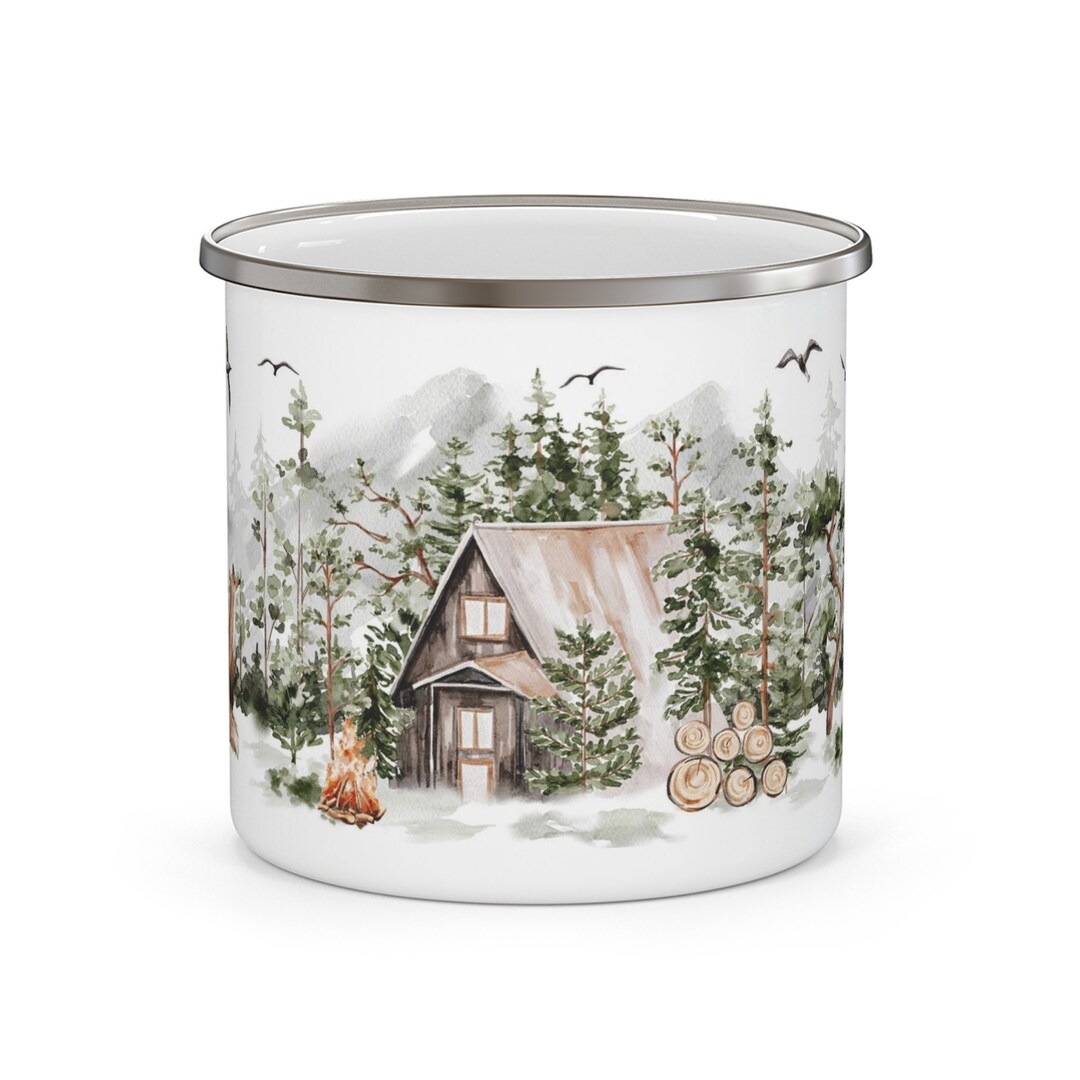 Cabin Mug, Woodland Enamel Mug, Winter Mug, Mountains Coffee Cup ...