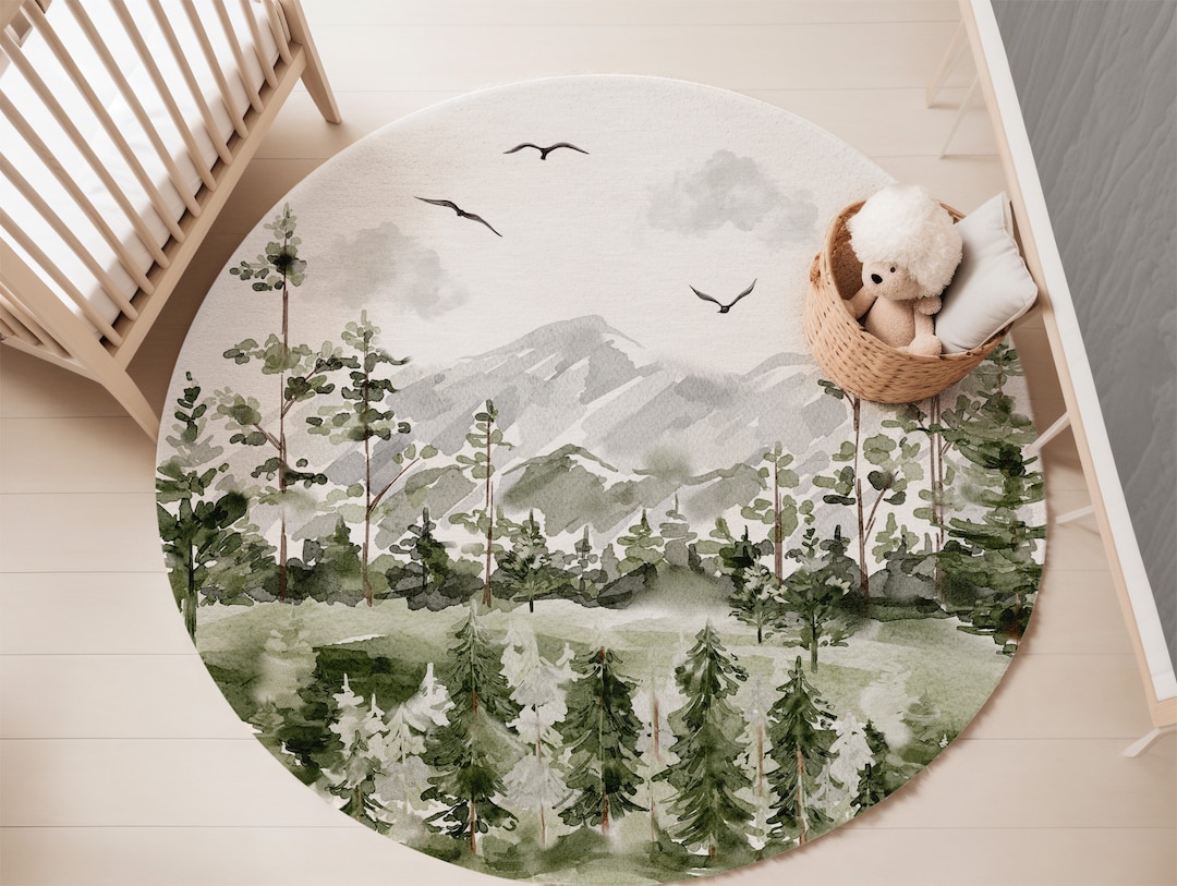 Mountains Rug, Pine Tree and Mountains Round Rug, Forest Nursery Decor ...