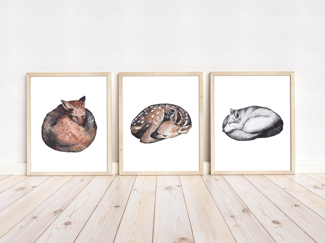Sleeping Woodland Wall Art, Forest Wall Art Set of 3, Woodland Nursery ...