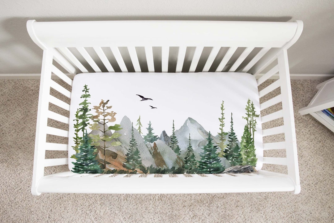Pine Trees and Mountains Crib Sheet, Forest Nursery Bedding, Woodland ...