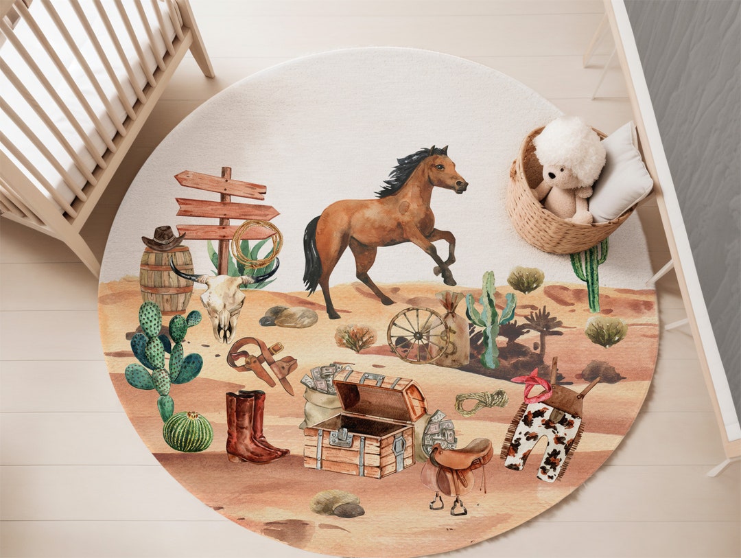 Cowboy Round Rug, Western Nursery Rug, Cowboy Nursery, Kids Playroom ...