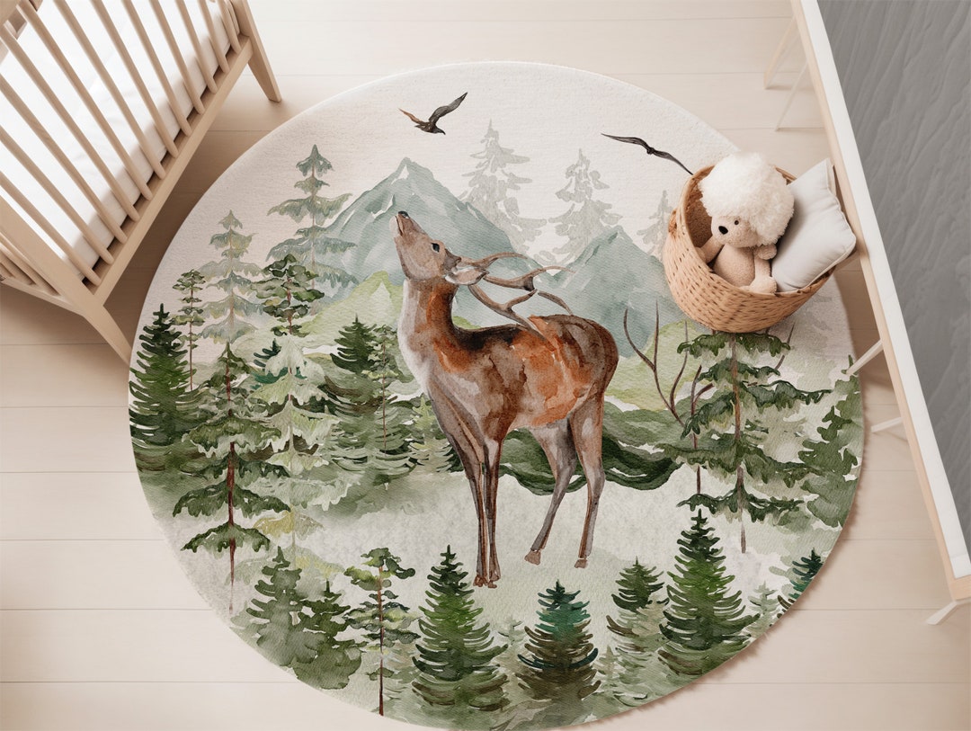 Deer Rug, Woodland Nursery, Deer Nursery Decor, Forest Rug, Pine Trees ...