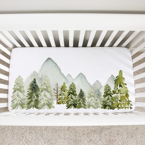 Forest Crib Sheet, Woodland Baby Bedding, Pine Trees and Moutains Crib ...