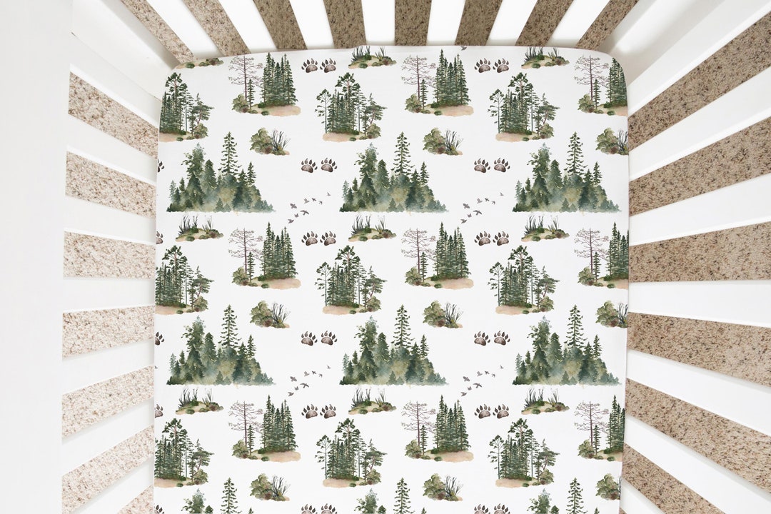 Woodland Crib Sheet, Bear Tracks and Pine Trees Crib Sheet, Baby Boy ...